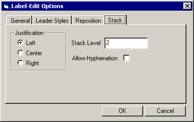 Label-Edit Options showing Stack tab options